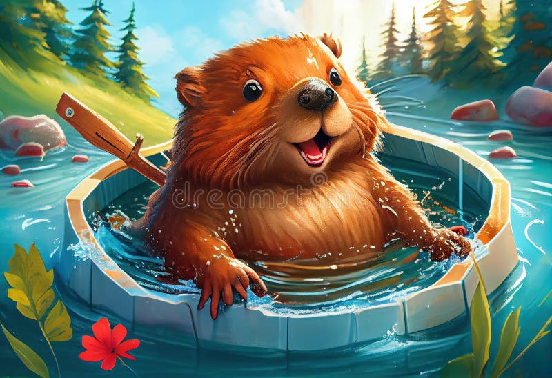 Bathing beaver. stock illustration. Illustration of adorable - 282305856
