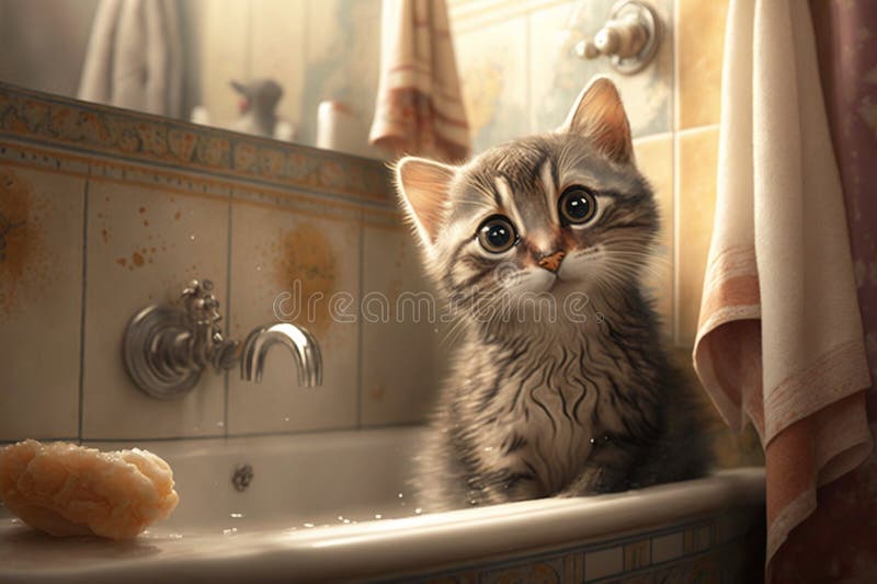 Bathing a Pet. Delightfully Cute Cat Sitting in the Bathroom Stock ...