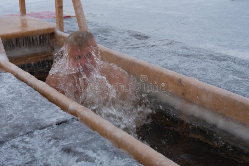 Bathing Process on the Orthodox Holiday Epiphany. There is a Font in ...