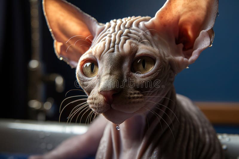 Bathing a Sphynx Kitten with Wrinkled Skin. Drops of Water Hang from ...