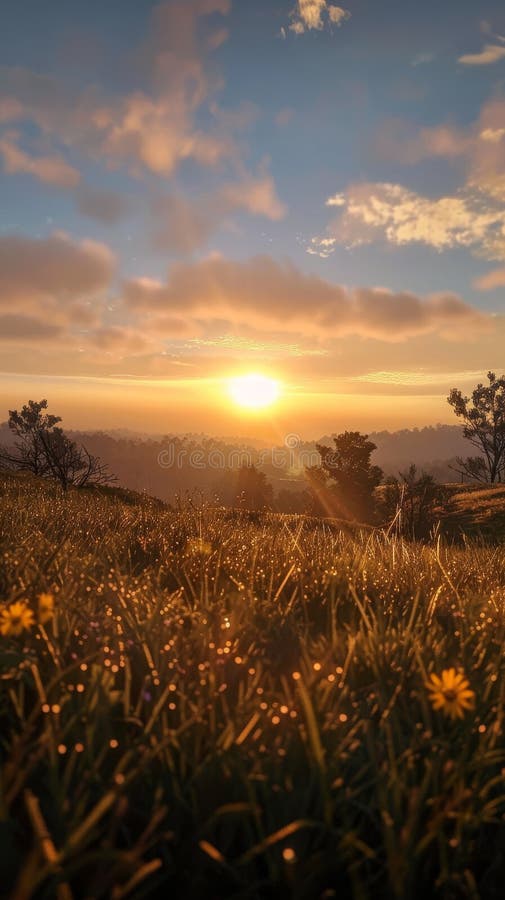 Bathing in the Warm Glow of a Golden Sunrise on a Tranquil Hilltop ...
