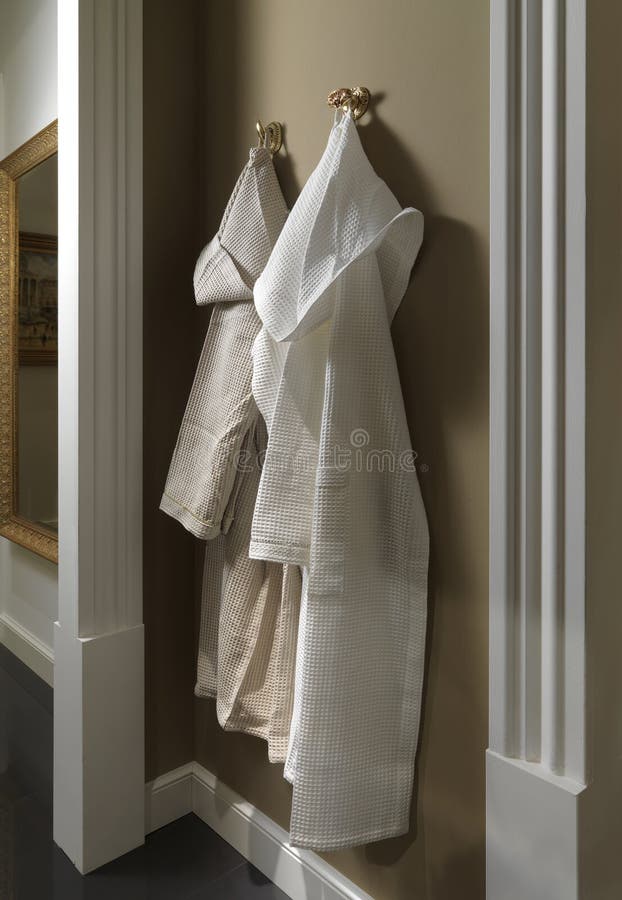 Bathrobes Hanging on the Wall Stock Image - Image of furniture, beauty ...