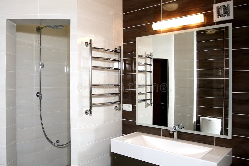 Modern Bathroom with Corner Shower Stock Image - Image of luxury ...