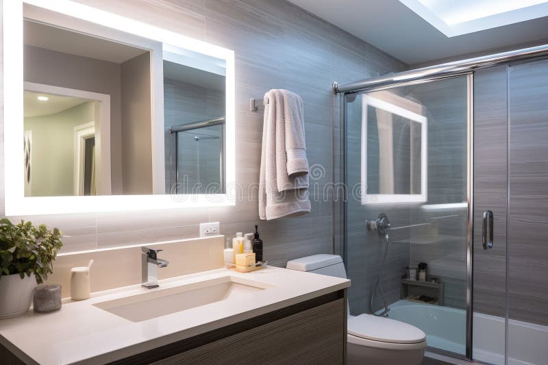 Bathroom with Adaptive Lighting and Intelligent Mirror Stock Photo ...