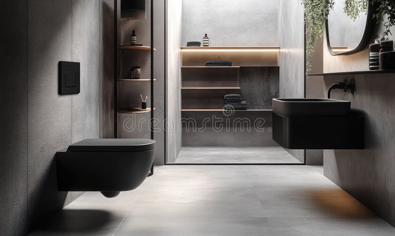 A Bathroom with a Black Toilet and a Black Sink Stock Image - Image of ...