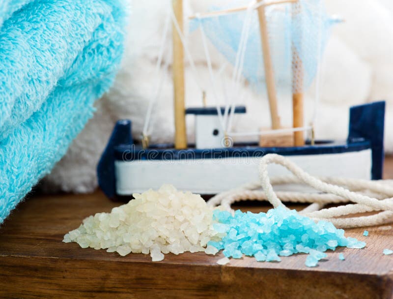 Bathroom Blue White SPA Set Stock Photo - Image of turquoise, wood ...