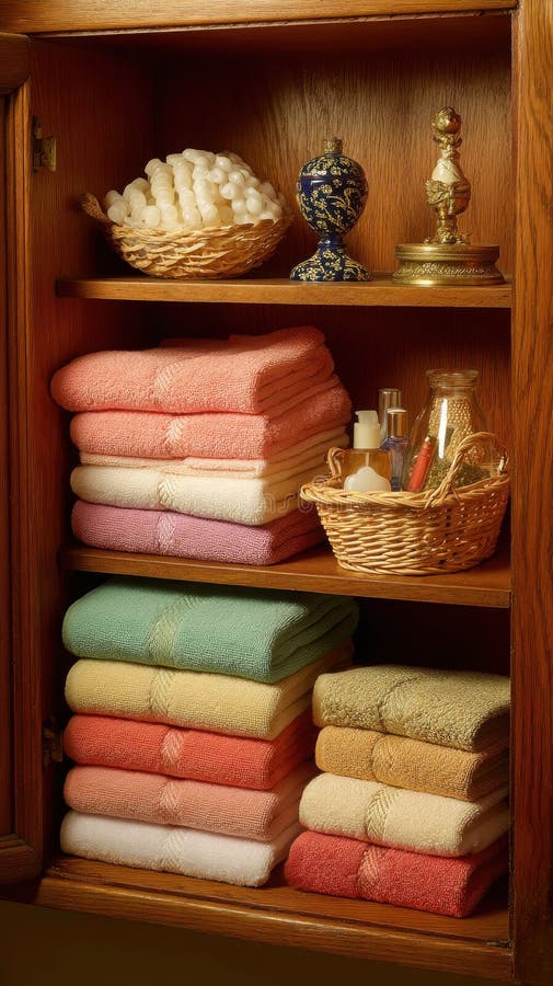 Bathroom Cabinet Storage with Folded Towels, Decorative Objects and ...
