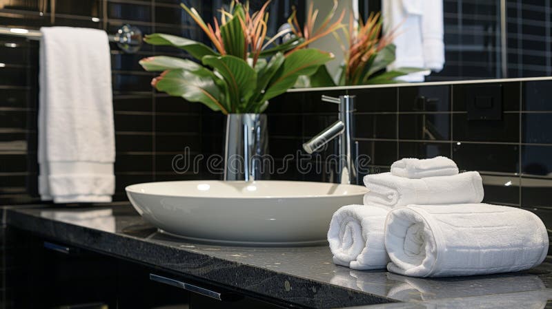 A Bathroom with a Clean Black and White Color Scheme Featuring a ...