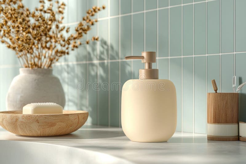A Bathroom Counter with a Soap Dispenser and a Bowl of Soap for ...