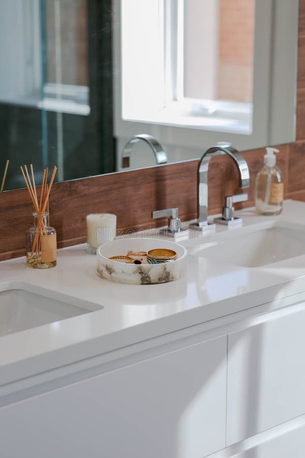 Bathroom Counter with Two White Sinks and a Large Mirror Stock Image ...