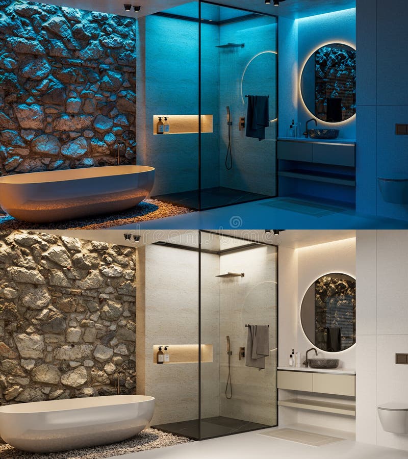A Bathroom with Different Ambiances Achieved by Changing the Color of ...