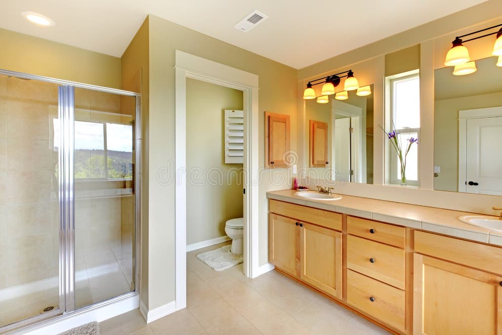 Bathroom with Double Sink and Shower. Stock Photo - Image of idea ...