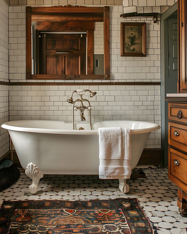 Bathroom Features Claw Foot Tub, Rug, Wood Cabinetry, and Sink Stock ... Bathroom Features Claw Foot Tub, Rug, Wood Cabinetry, and Sink Stock ...