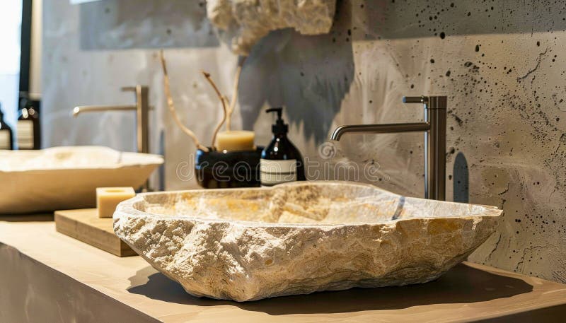 The Bathroom Features Two Sinks and a Spacious Stone Sink, Providing ...