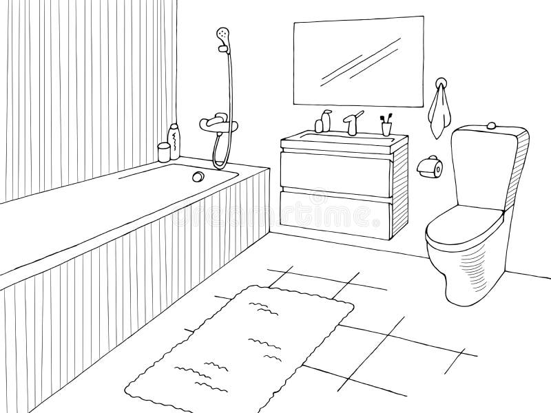 Bathroom Graphic Home Interior Black White Sketch Illustration Vector