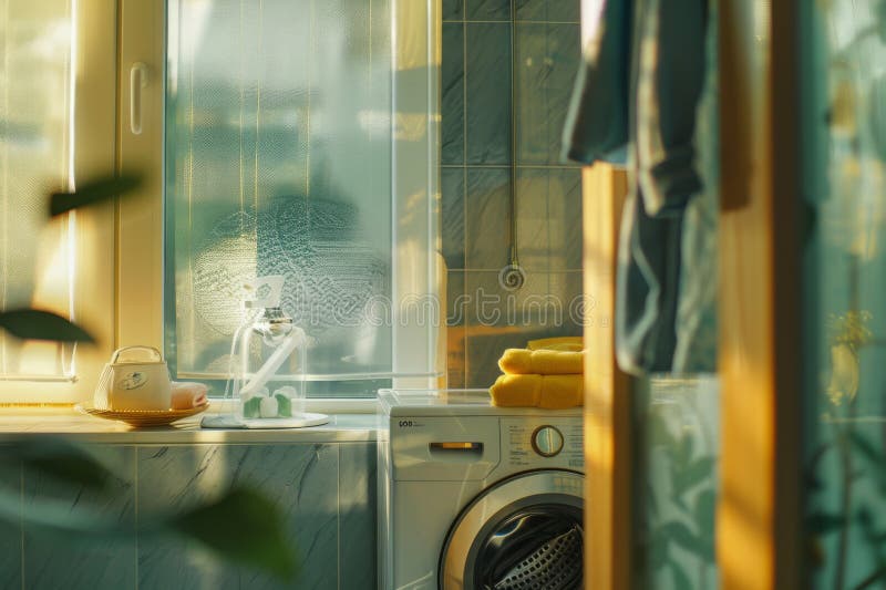 The Bathroom Has a Window and a Washing Machine Inside it Stock Photo ...