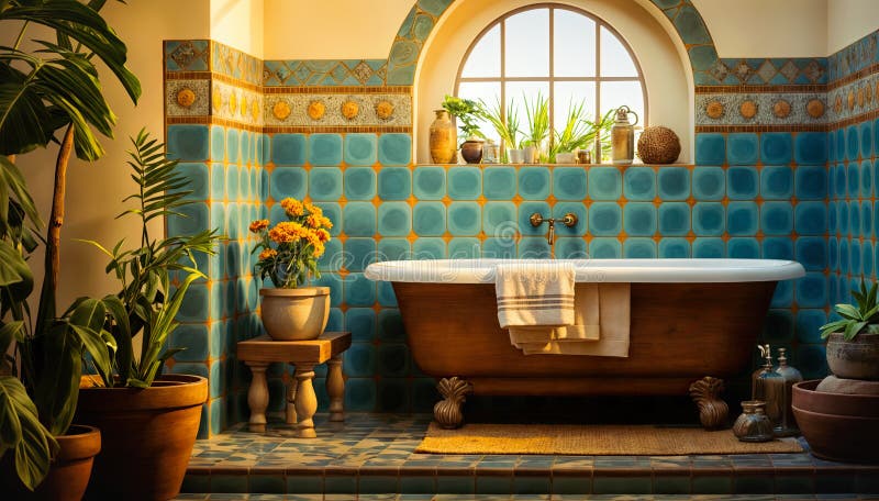 Bathroom Interior with a Bathtub and Flowers in a Pot Stock ...