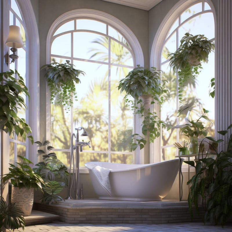 Bathroom Interior with Bathtub, Green Plants, Big Panoramic Windows Stock Illustration ...