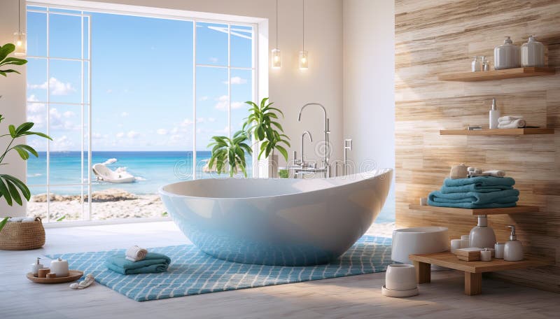 Bathroom Interior with Bathtub and Sea View. 3D Rendering Stock ...