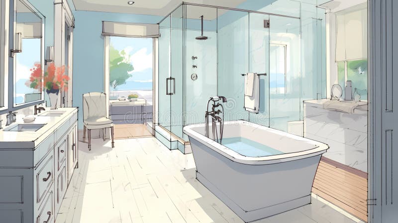 Bathroom Interior with Bathtub and Shower, Sketch Vector Illustration ...