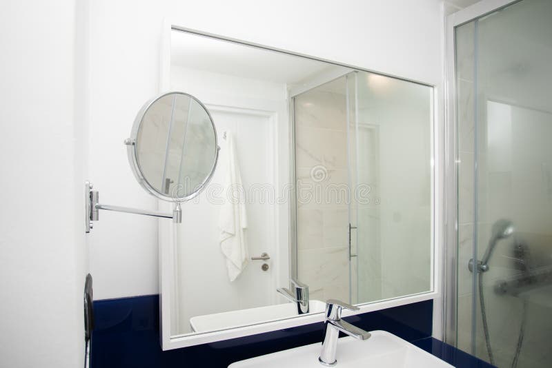 Bathroom Interior with Big Mirror and Shower Cabine Stock Image - Image ...