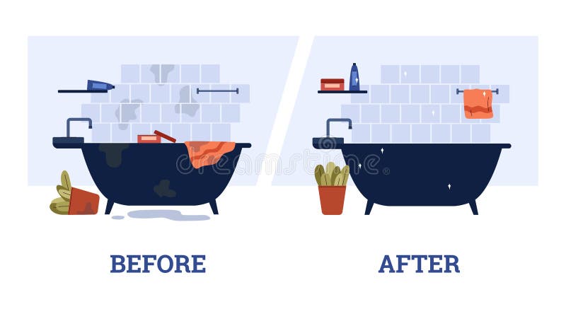 Bathroom Interior Clean and Clutter or Dirty, Flat Vector Illustrations ...
