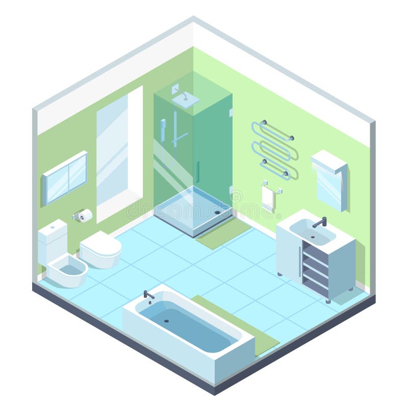 Bathroom Interior Furniture and Different Equipment. Vector Illustrations in Cartoon Style Stock ...