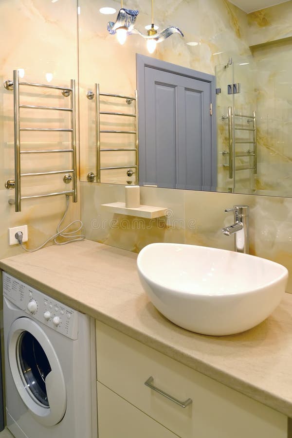 Bathroom Interior with Overhead Washbasin and Washing Machine Stock ...