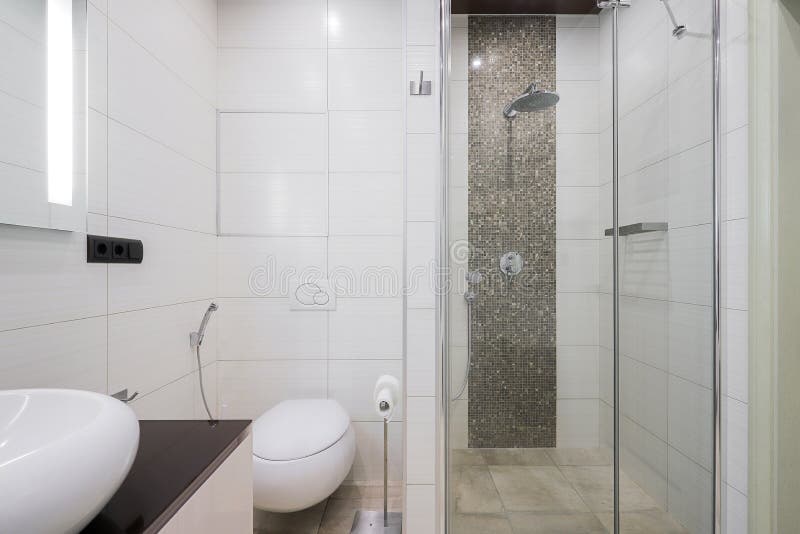 Bathroom Interior with Shower Cabin and White Toilet Stock Image ...