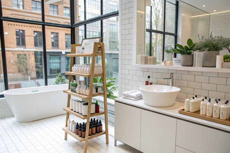 Bathroom Interior with Stand for Displaying Cosmetics or Product Stock Illustration ...