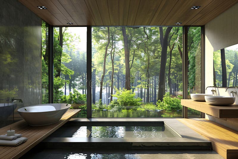 Bathroom Interior with Swimming Pool and Beautiful Forest View Stock ...