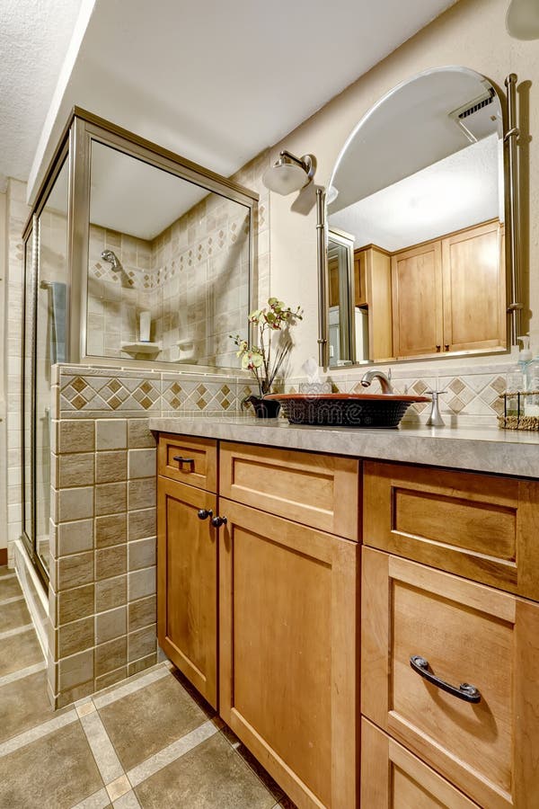 Bathroom Interior with Tile Trim Stock Photo - Image of project, light ...