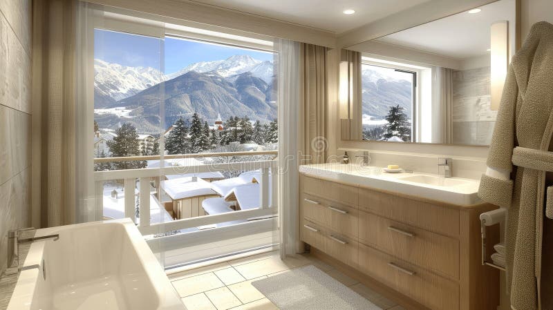A Bathroom with a Large Window Overlooking a Snowy Mountain Stock Photo ...