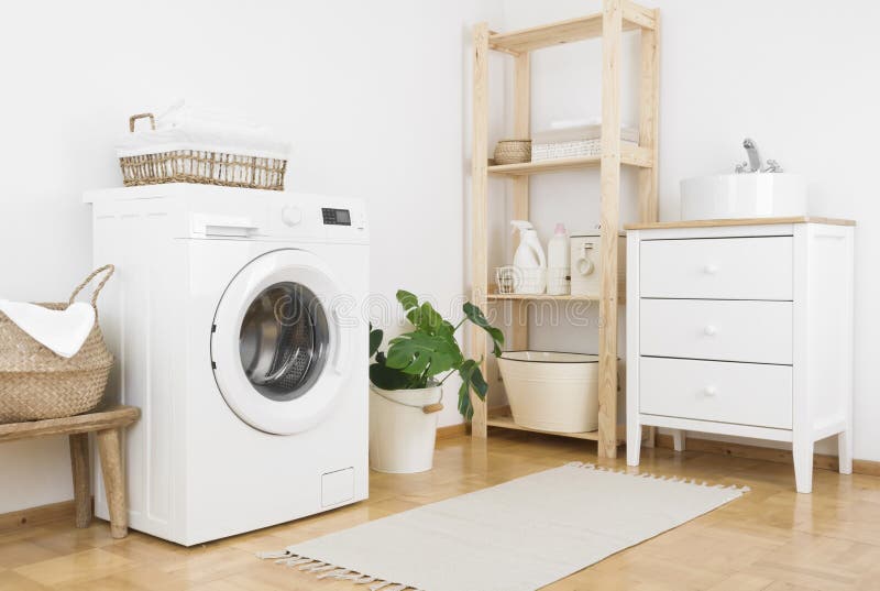 Bathroom Laundry Corner Interior with Washing Machine, Storage and Sink ...