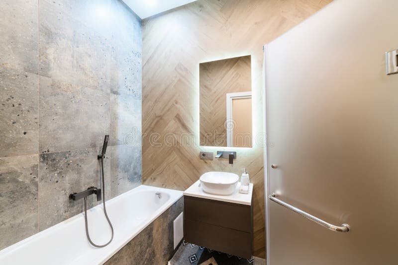 Bathroom in Loft Style with Mirror Stock Image - Image of bathtub ...