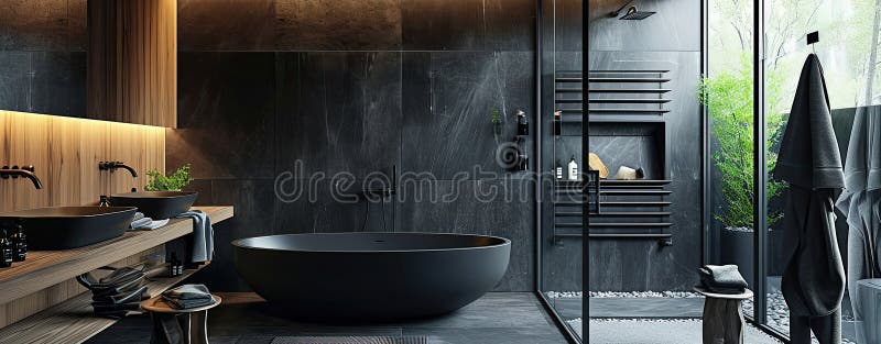 Bathroom Luxury Interior Design with Matte Black Bath and Modern Shower ...