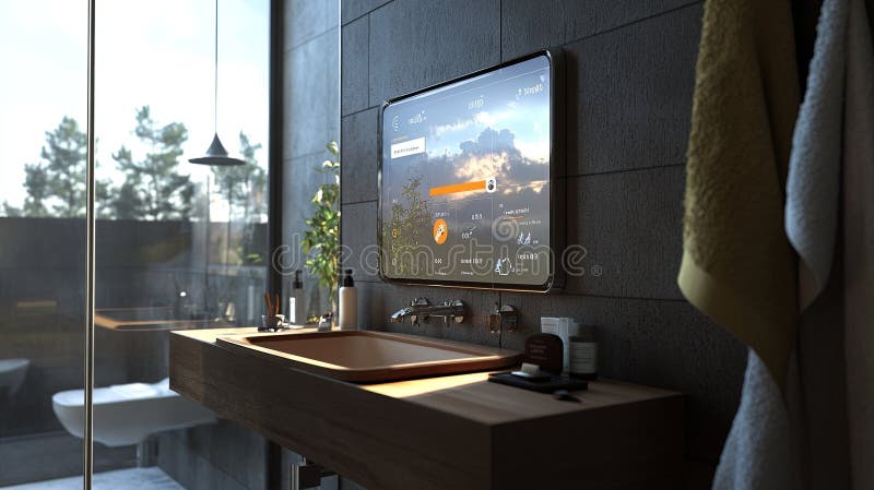 A Bathroom Mirror with a Touch-sensitive Interface Displaying Weather ...