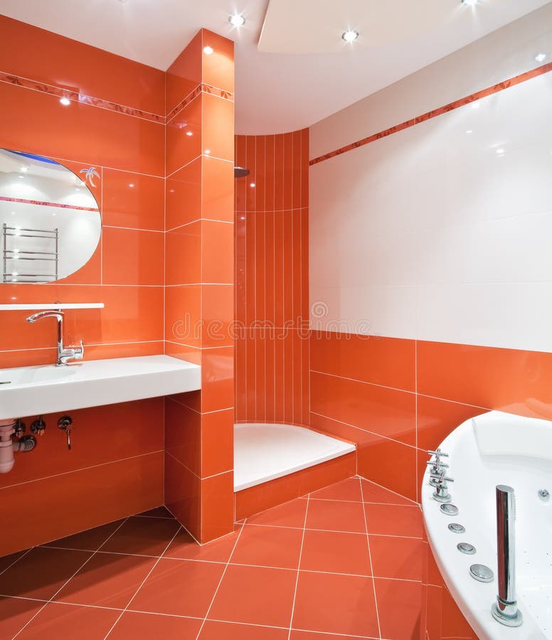 Bathroom in Orange and White Colors Stock Image - Image of tiled, room ...