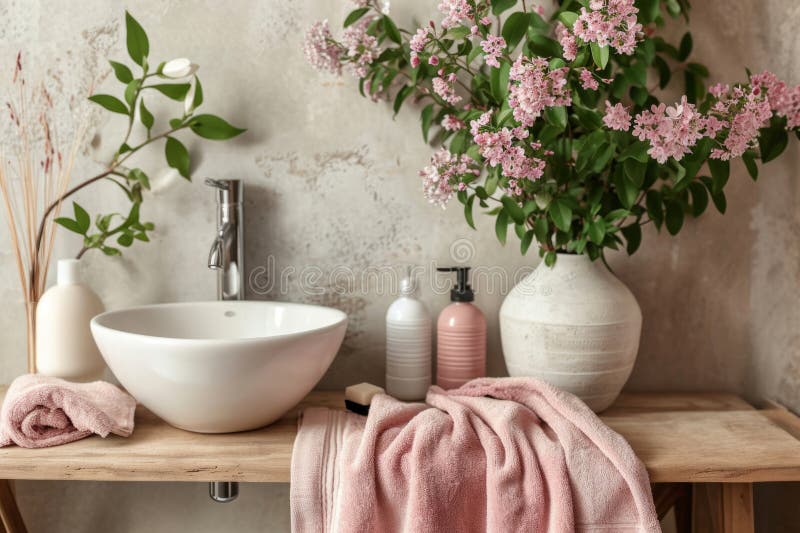 Bathroom with Pastel Pink Walls and Stack of Towels. Spring Concept ...