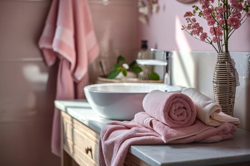 Bathroom with Pastel Pink Walls and Stack of Towels. Spring Concept ...