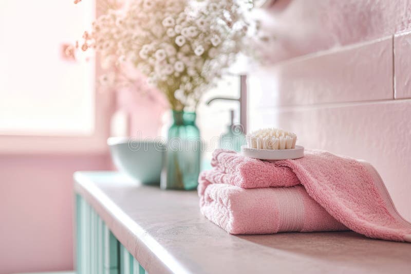 Bathroom with Pastel Pink Walls and Stack of Towels. Spring Concept ...