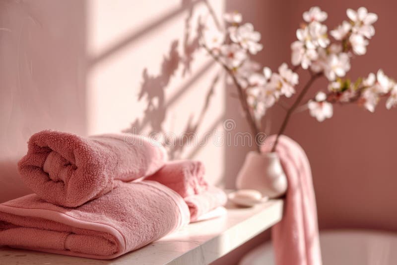 Bathroom with Pastel Pink Walls and Stack of Towels. Spring Concept ...