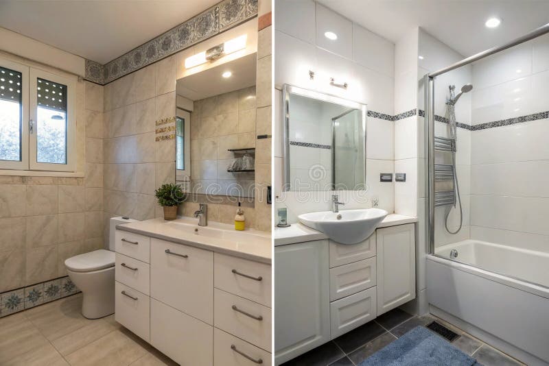 Before and after Bathroom Renovation in Barcelona Stock Illustration ...