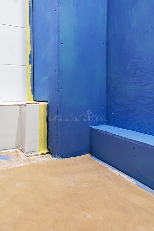 Bathroom Renovation with Blue Waterproofing Stock Image - Image of ...