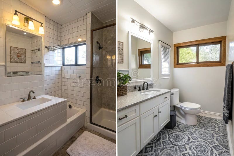 Bathroom before and after Renovation Horizontal Format Stock ...