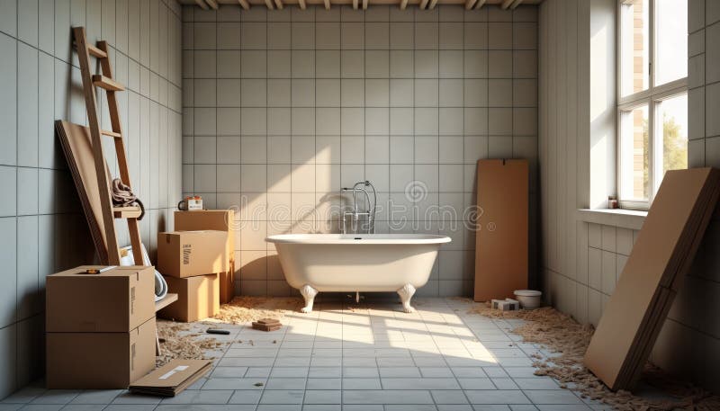 Bathroom Renovation in Progress. Old Bathtub New Tiles. Construction ...