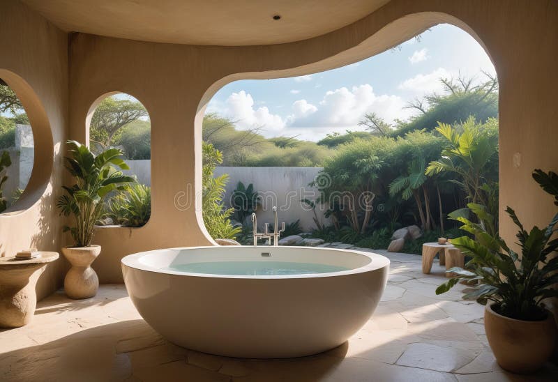 A Bathroom with Round Windows and an Oval Bathtub Stock Illustration ...