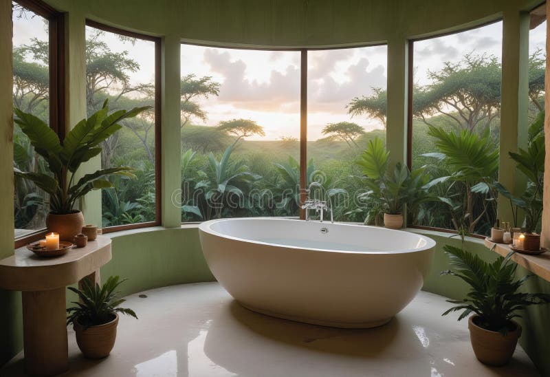 A Bathroom with Round Windows and an Oval Bathtub Stock Illustration ...