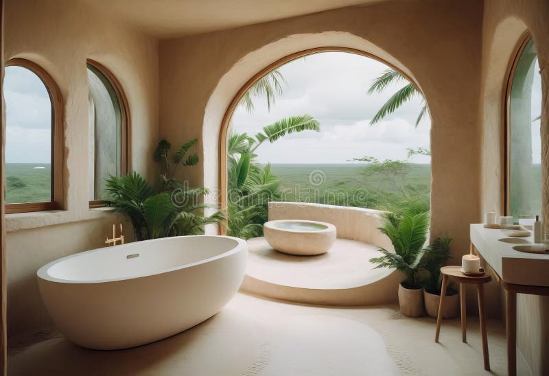 A Bathroom with Round Windows and an Oval Bathtub Stock Illustration ...