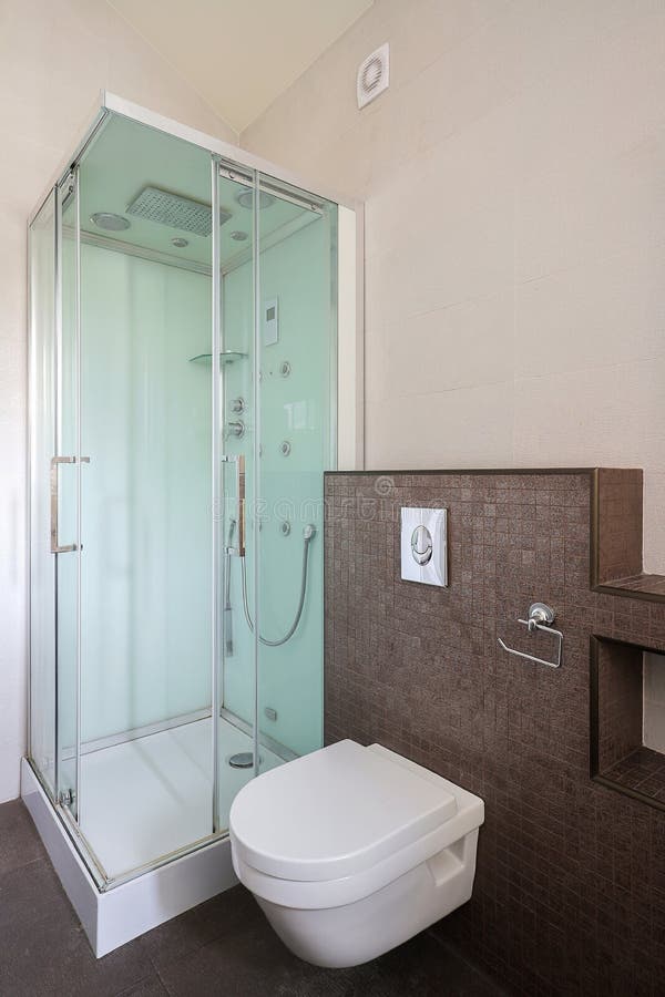 Bathroom with Shower Cabin and White Toilet Stock Photo - Image of tile ...
